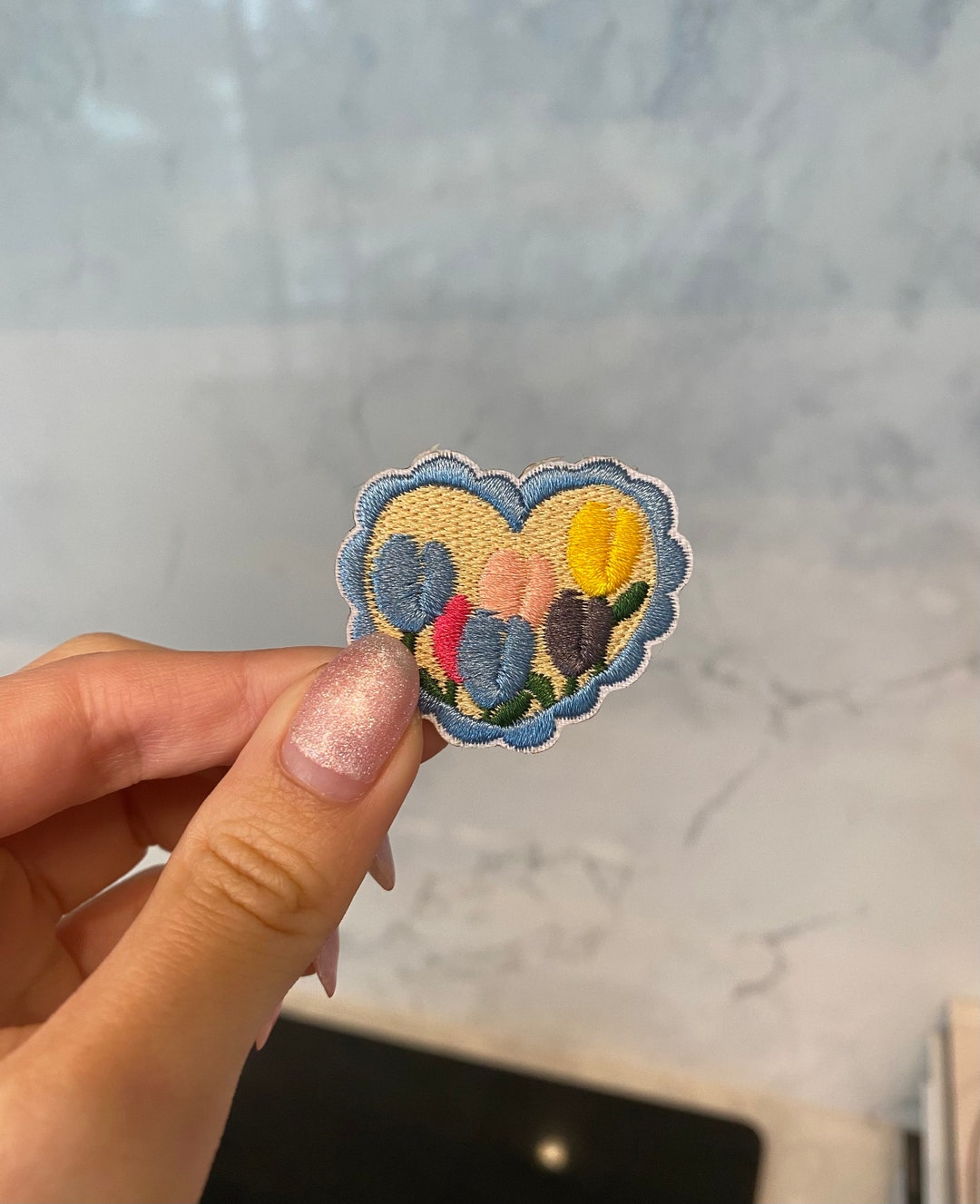 Flowers in Blue Heart Embroidery Patch - Iron On, Sew On, Floral Patch ...