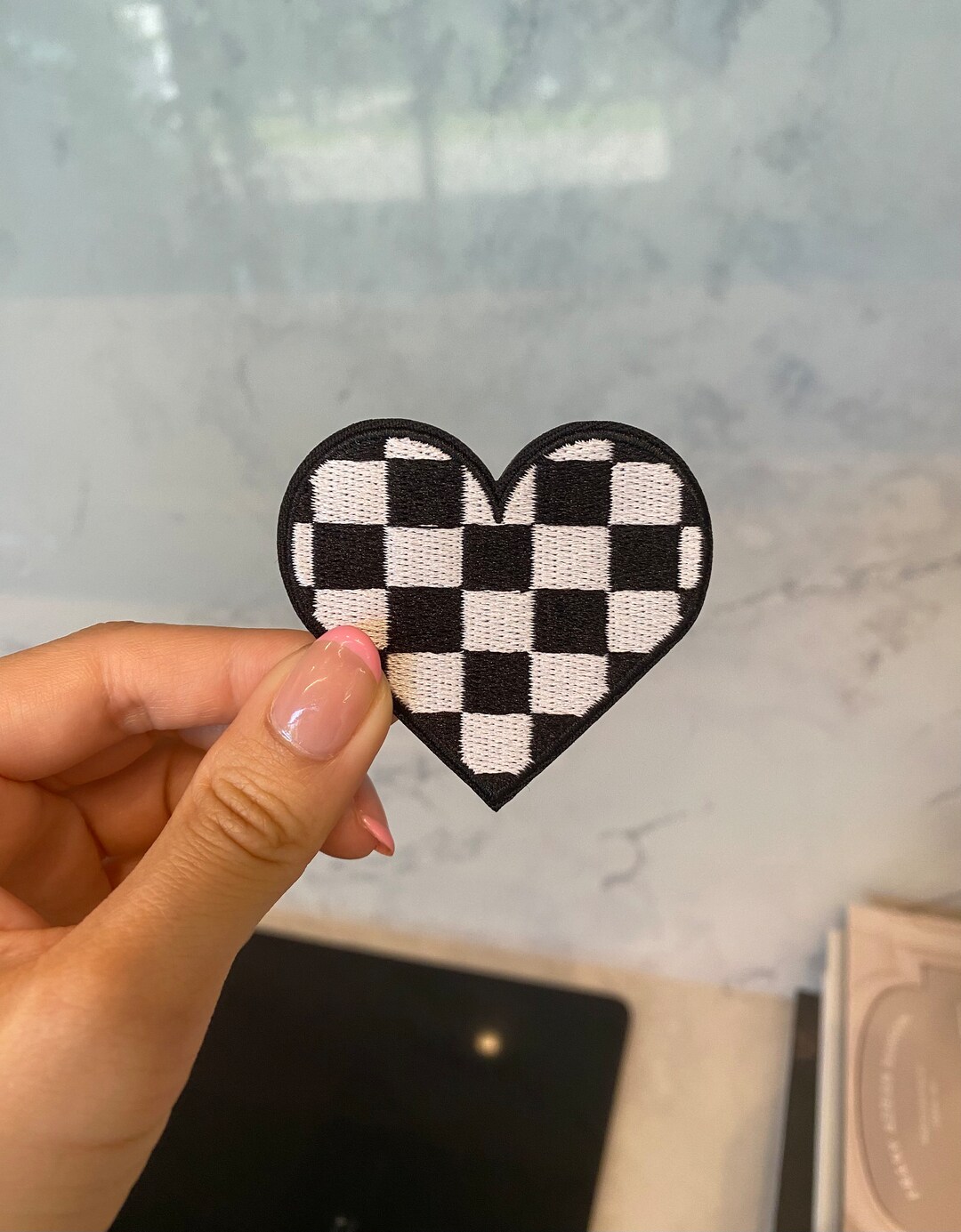 Black and White Checkered Heart Embroidery Patch - Iron On, Sew On ...
