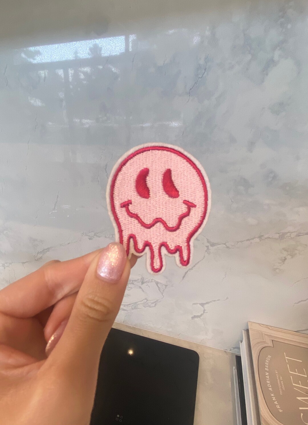 Pink Melted Happy Face Embroidery Patch - Iron On, Sew On, Smiley Face, Kawaii Patches, Y2K ...