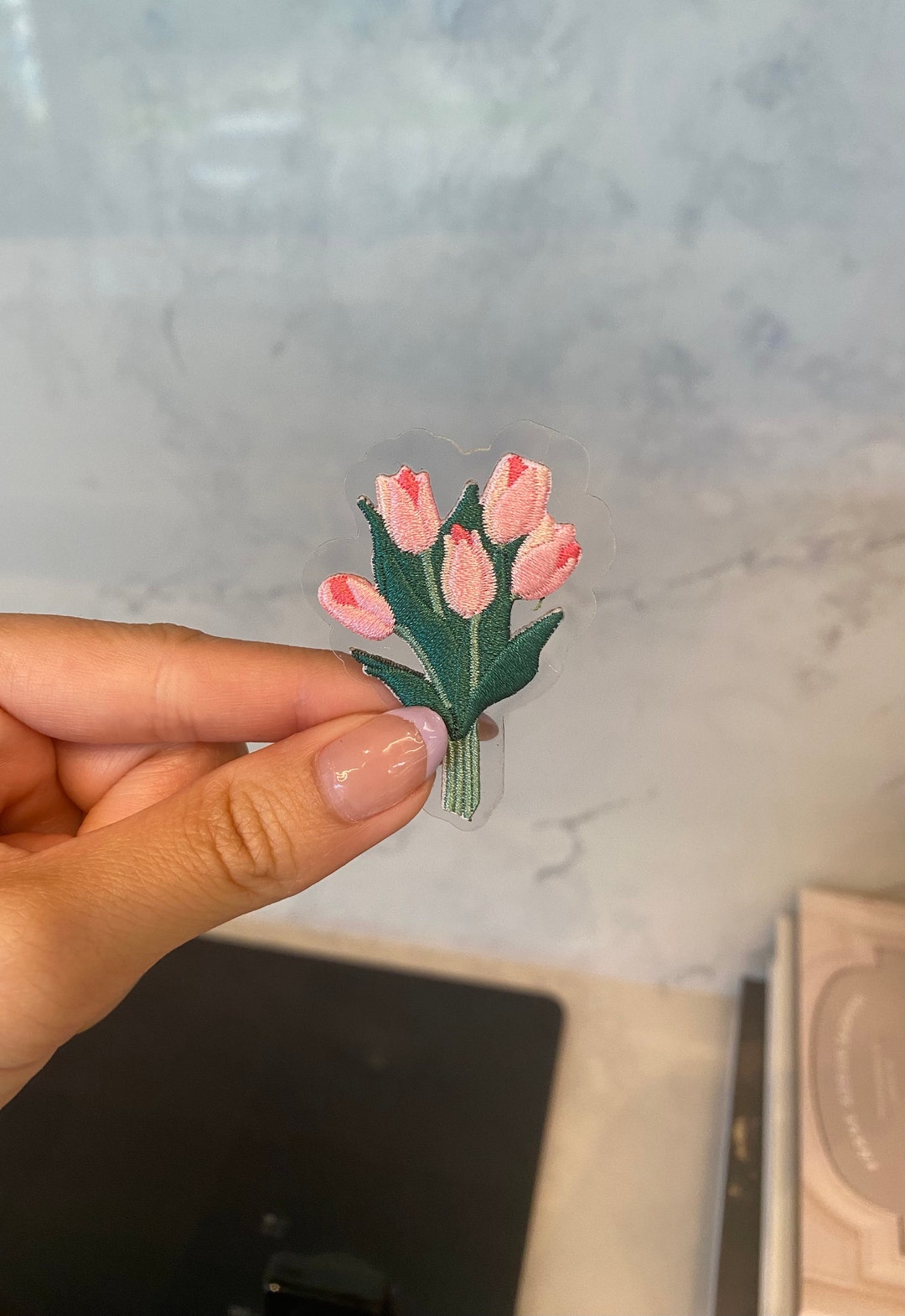 Pink Bouquet of Tulips Flower Embroidery Patch - Adhesive Stick On, Sew ...