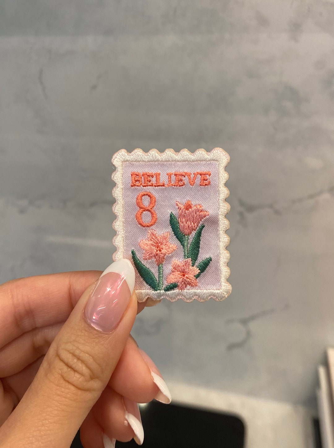 Pink Believe Floral Postage Stamp Embroidery Patch - Adhesive Stick On ...