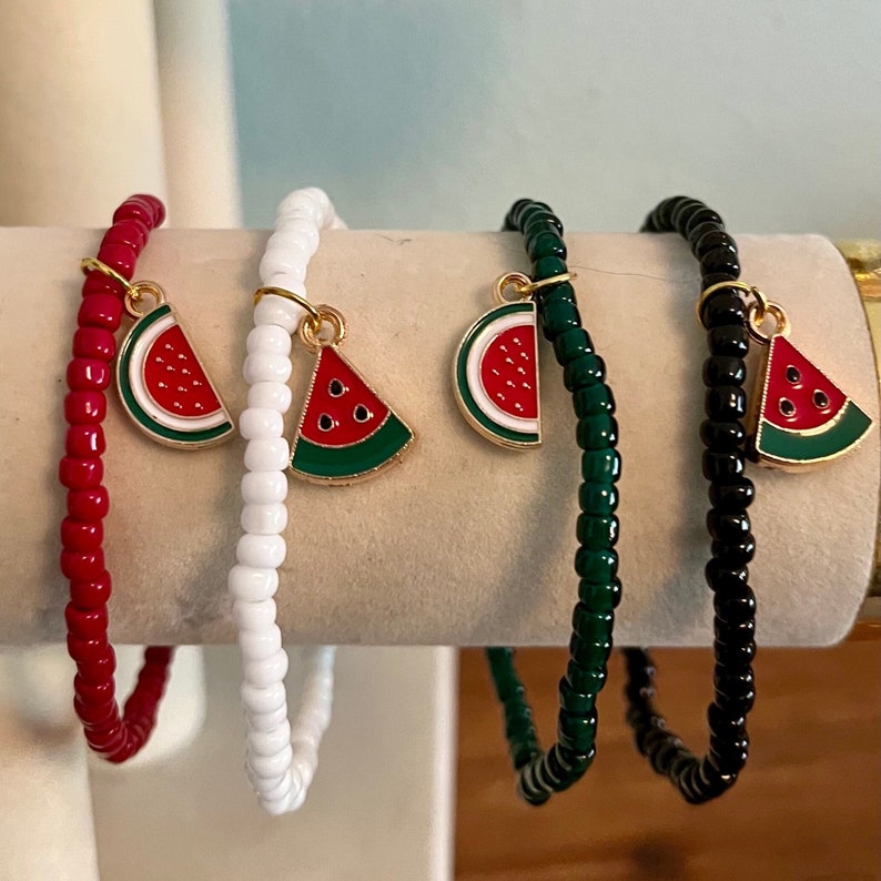 Beaded Stretch Bracelet With Watermelon Charm, Red, Black, White, Green ...