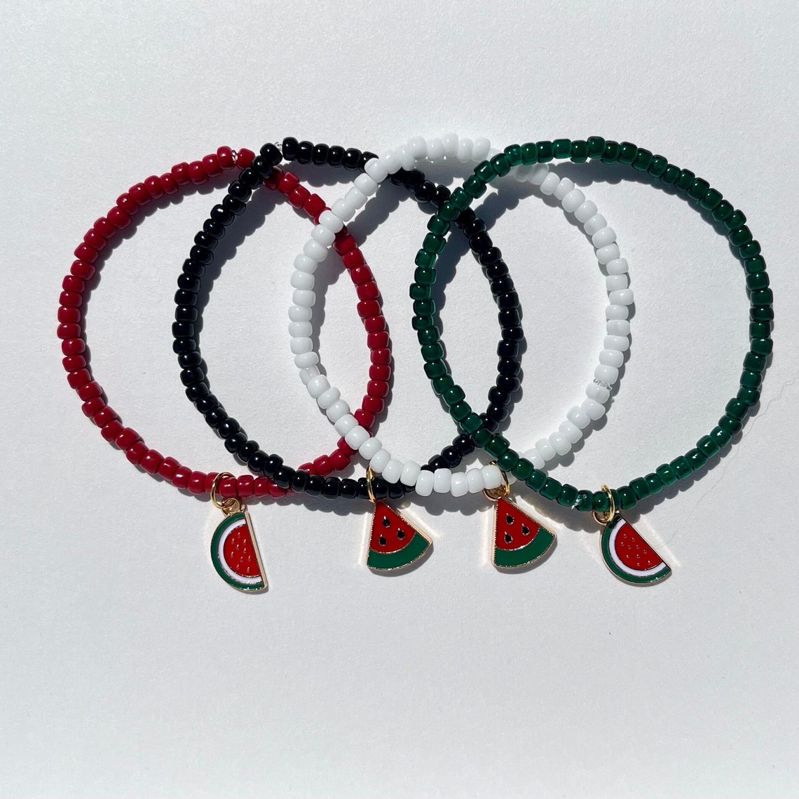 Beaded Stretch Bracelet With Watermelon Charm, Red, Black, White, Green ...