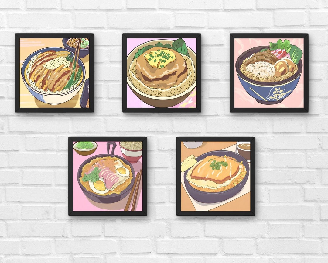 Set of 5 Japanese Rice Bowl Anime Art Prints 12x12 Inches Digital ...