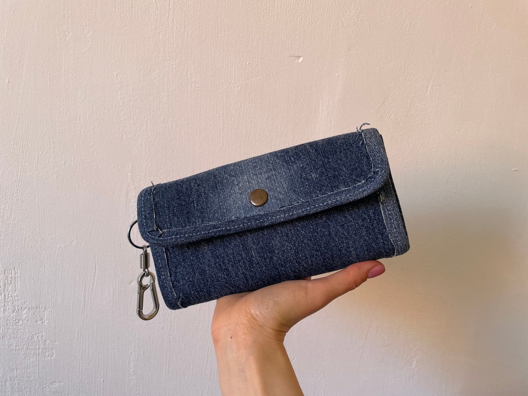 Large Wallet With Sections Leather With Denim Womens Wallet Vintage ...