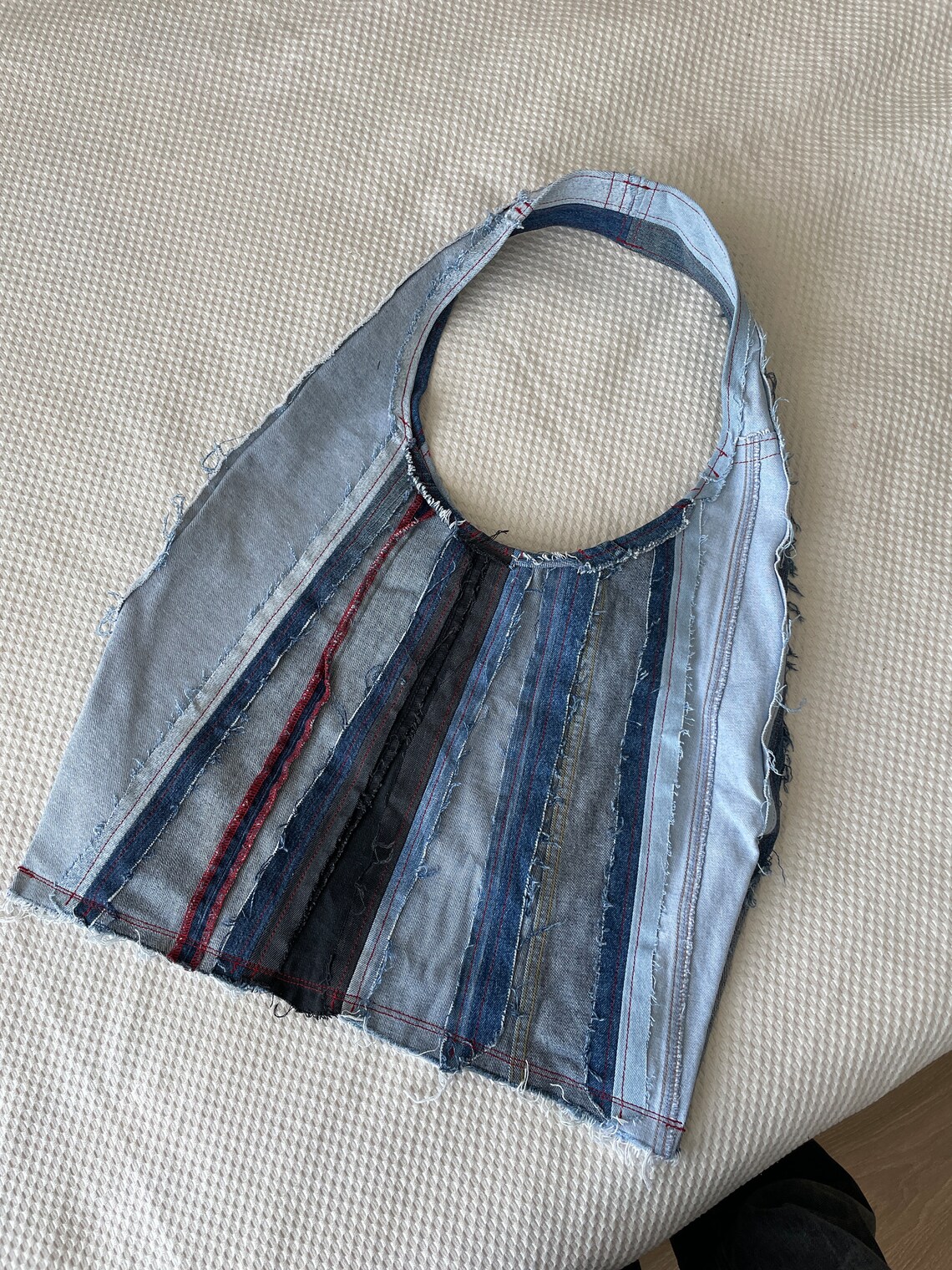 Patchwork Denim Bag Custom Tote Bag Upcycled Jeans Tote With Frayed Edges One of a Kind ...