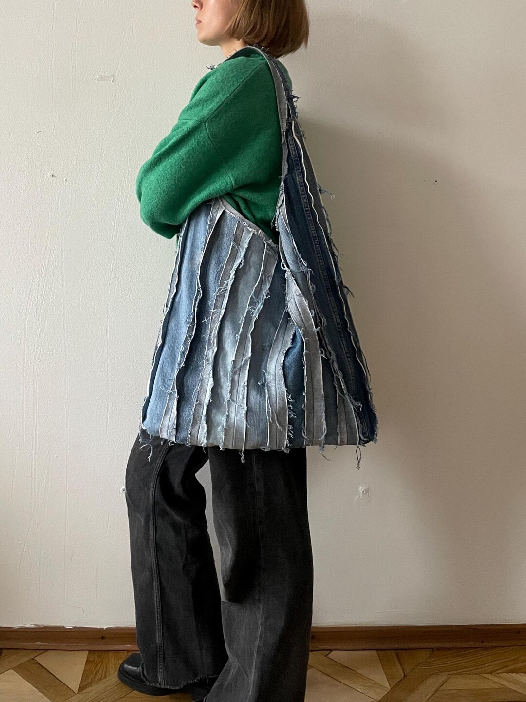 Patchwork Denim Bag Frayed Edges Denim Tote Upcycled Jeans Purse IN ...