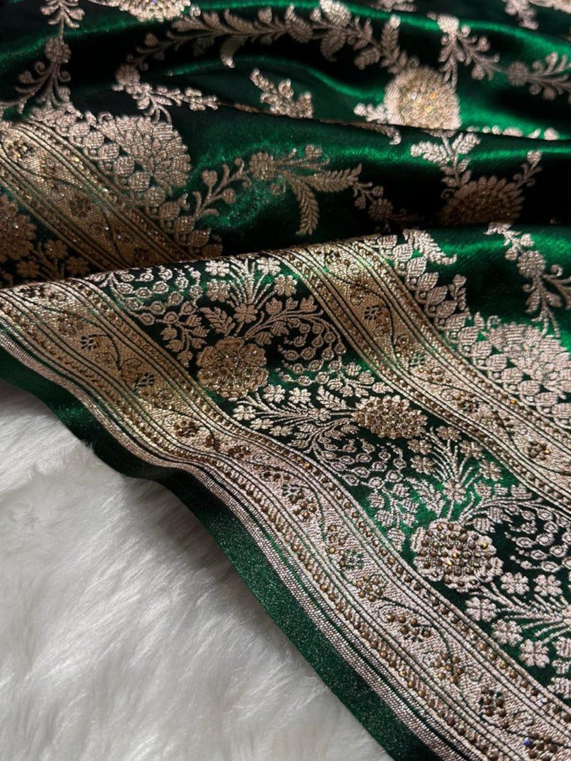 Bottle Green Banarasi Silk Saree: Mashru Katan With Swarovski - Etsy Canada