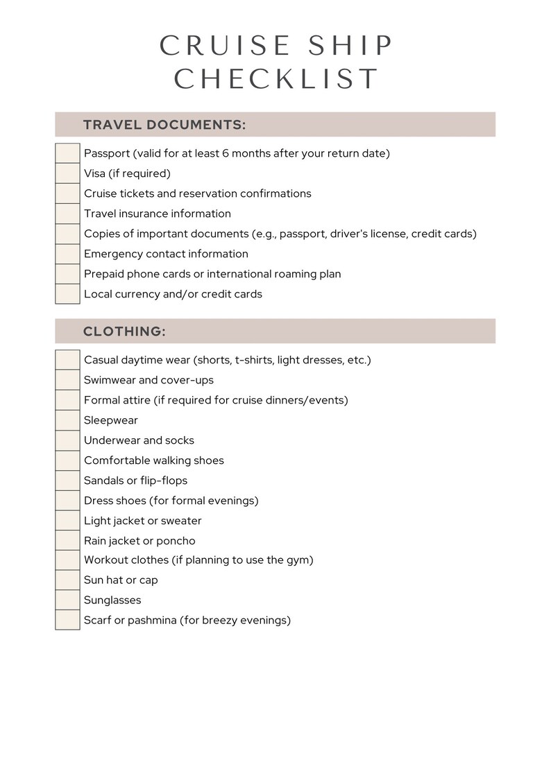 Essential Cruise Ship Checklist 3-page Printable PDF Cruise - Etsy