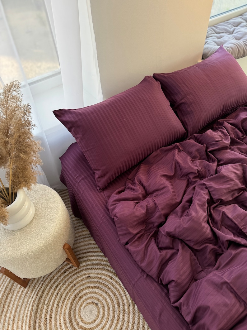 Bed Linen Set Plum Stripe Satin 100% Cotton : Duvet Cover, 2 ...