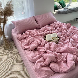 Pink Stripe Satin 100% Cotton Bedding Set: Duvet Cover, 2 Pillowcases ...