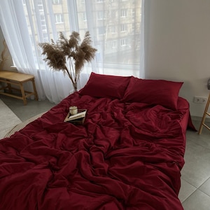 Bedding Set Red Satin 100% Cotton : Duvet Cover, 2 Pillowcases, Fitted ...