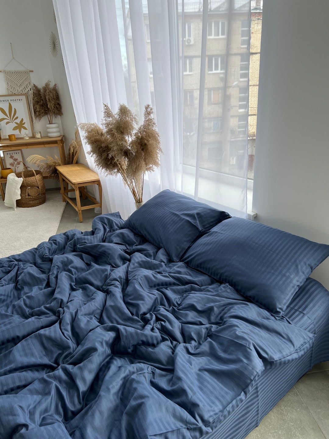Bed Linen Set Full Dark Blue Stripe Satin 100% Cotton.4 Piece Set ...
