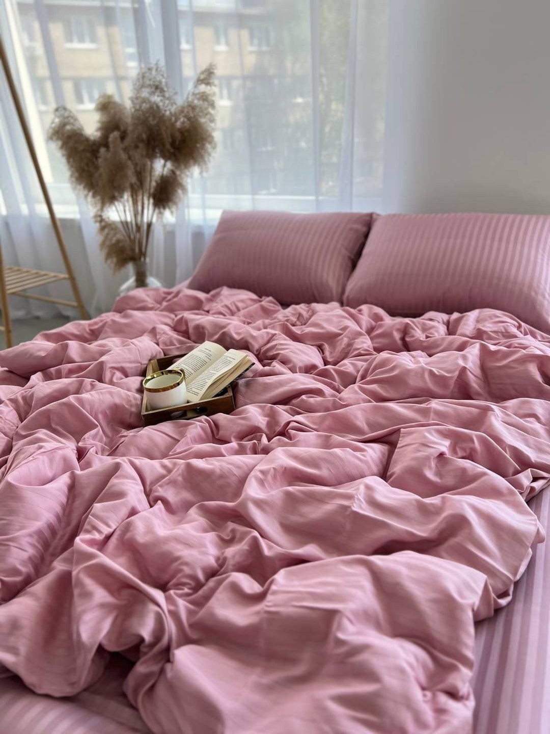 Pink Stripe Satin 100% Cotton Bedding Set: Duvet Cover, 2 Pillowcases ...