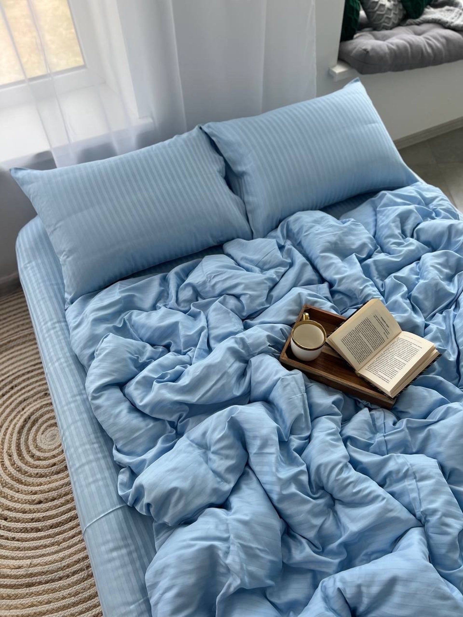 Bedding Set Full Light Blue Stripe Satin 100% Cotton.4 Piece Set ...