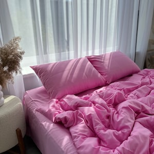 Bed Linen Set Full Pink Satin 100% Cotton.4 Piece Set: Duvet Cover, 2 ...