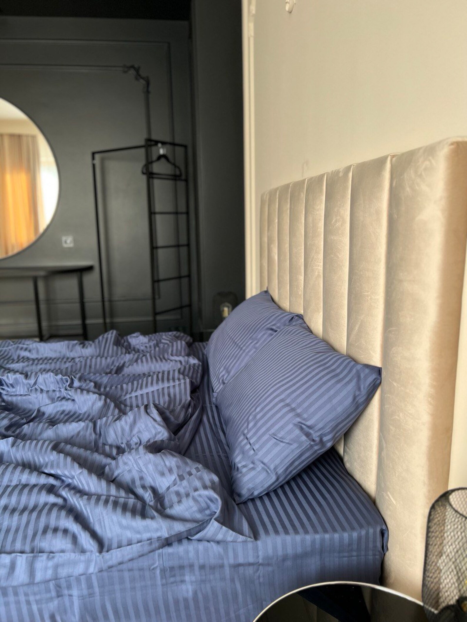 Bed Linen Set Full Dark Blue Stripe Satin 100% Cotton.4 Piece Set ...