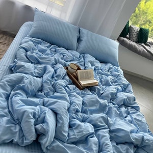 Bedding Set Full Light Blue Stripe Satin 100% Cotton.4 Piece Set ...