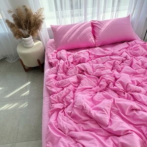 Bed Linen Set Full Pink Satin 100% Cotton.4 Piece Set: Duvet Cover, 2 ...