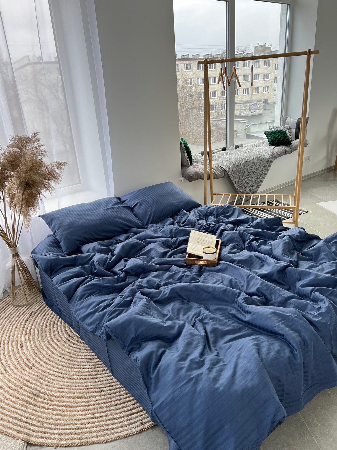 Bed Linen Set Full Dark Blue Stripe Satin 100% Cotton.4 Piece Set ...