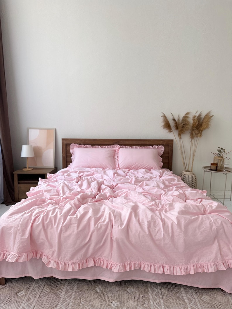 Light Pink Ruffle Bedding Set – 100% Cotton Boho Bedding - Etsy
