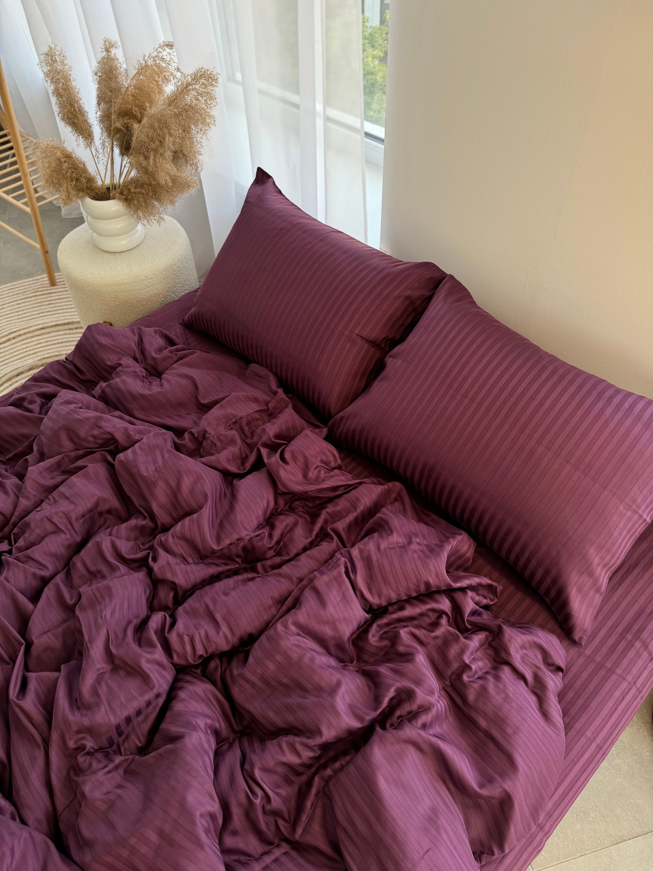Bed Linen Set Plum Stripe Satin 100% Cotton : Duvet Cover, 2 ...