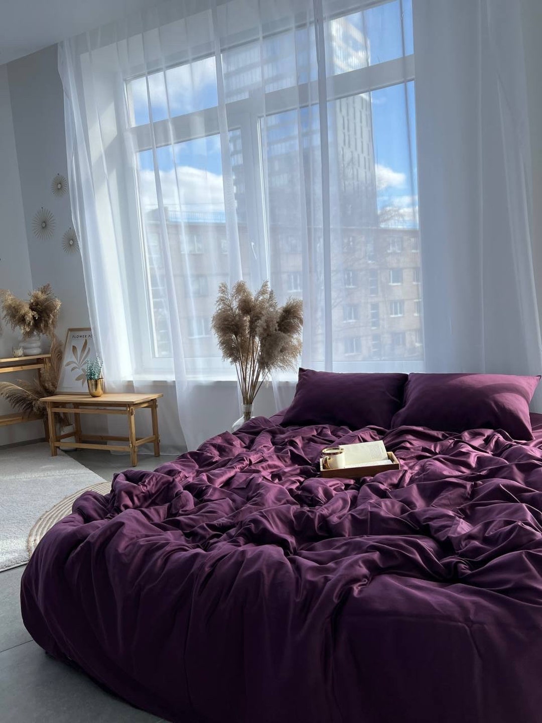 Luxurious Plum Satin Bedding Set - Made of 100% Cotton, Customizable ...