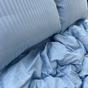 Bedding Set Full Light Blue Stripe Satin 100% Cotton.4 Piece Set ...