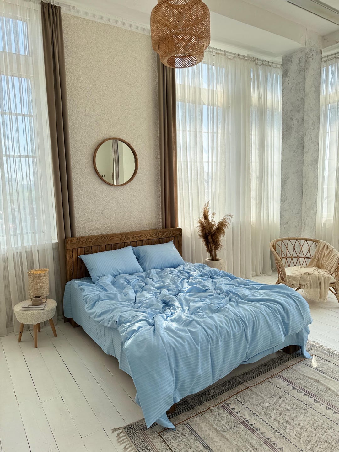 Striped Bedding Set Full Light Blue Satin 100% Cotton.4 Piece Set ...