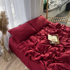 Bed Linen Set Red Stripe Satin 100% Cotton : Duvet Cover, 2 Pillowcases ...