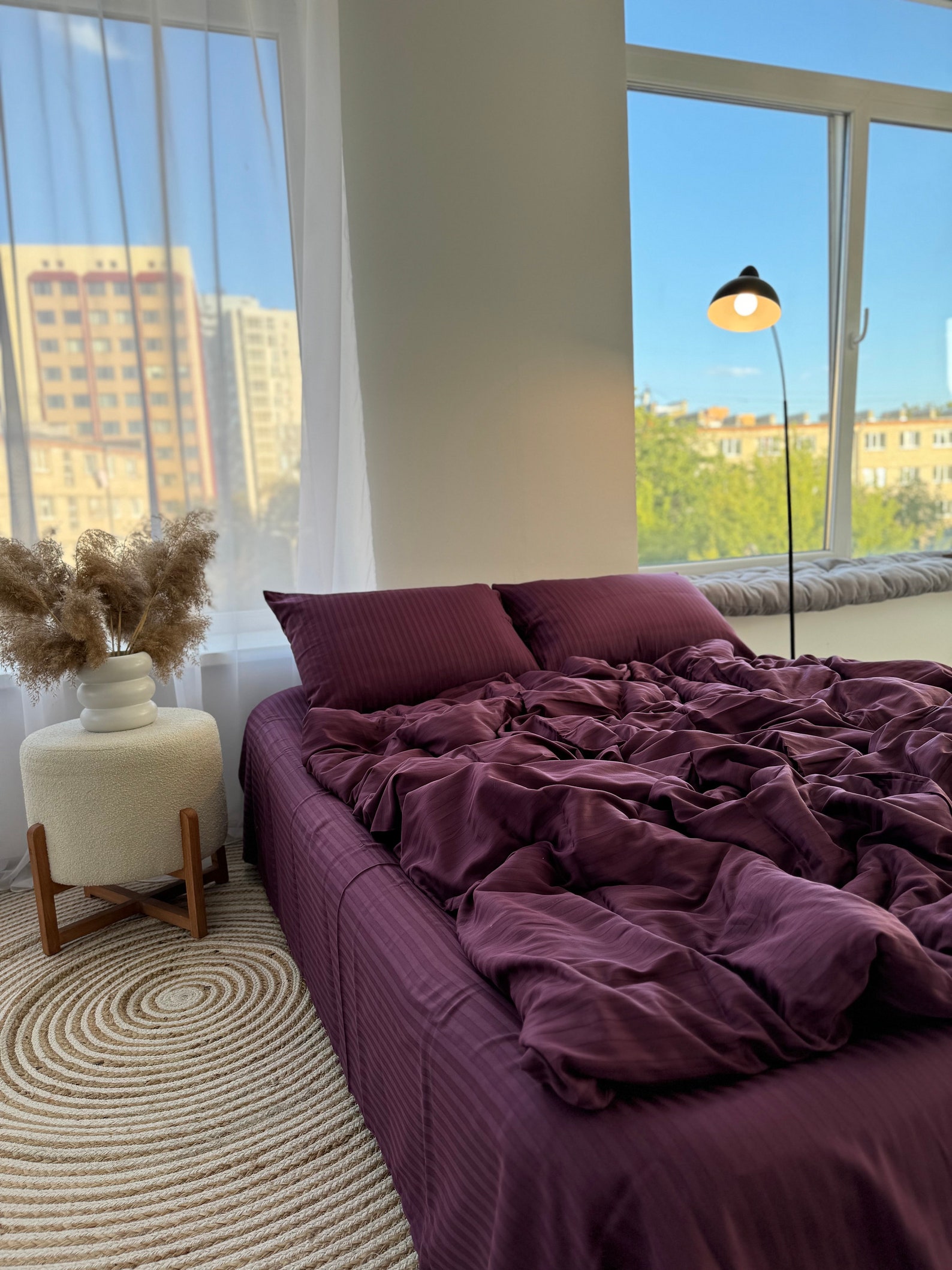 Bed Linen Set Plum Stripe Satin 100% Cotton : Duvet Cover, 2 ...