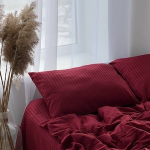Bed Linen Set Red Stripe Satin 100% Cotton : Duvet Cover, 2 Pillowcases ...