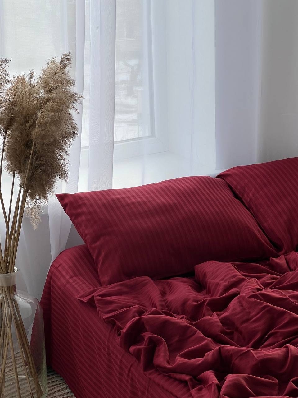 Bed Linen Set Red Stripe Satin 100% Cotton : Duvet Cover, 2 Pillowcases ...