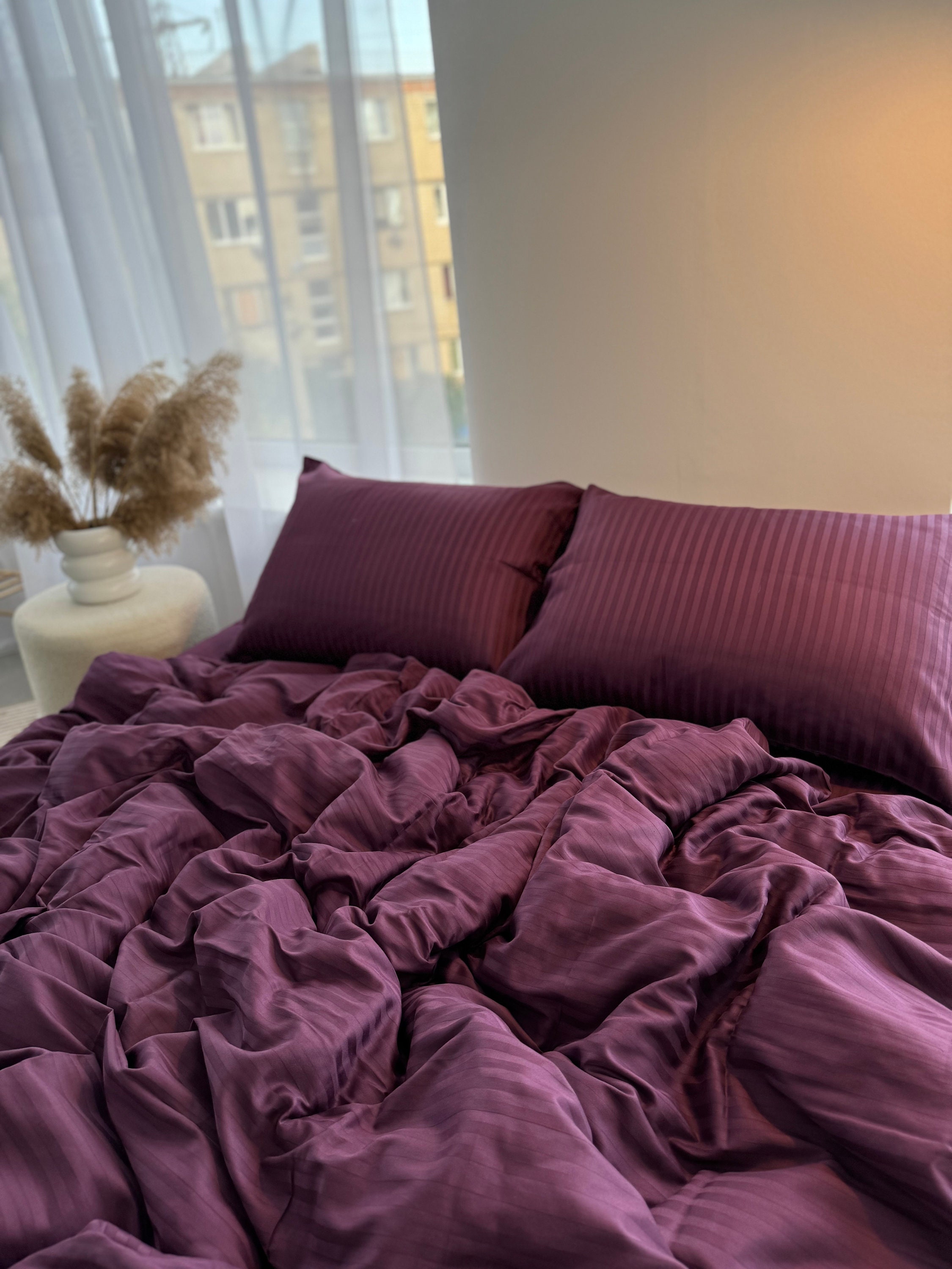 Bed Linen Set Plum Stripe Satin 100% Cotton : Duvet Cover, 2 ...