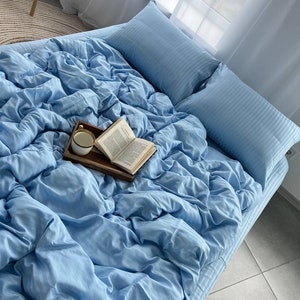 Bedding Set Full Light Blue Stripe Satin 100% Cotton.4 Piece Set ...