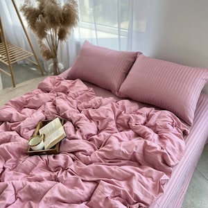 Pink Stripe Satin 100% Cotton Bedding Set: Duvet Cover, 2 Pillowcases ...
