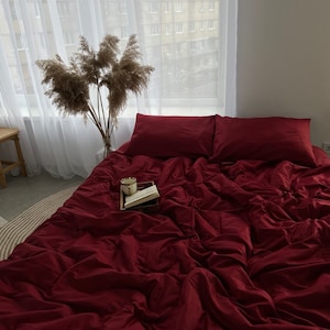 Bedding Set Red Satin 100% Cotton : Duvet Cover, 2 Pillowcases, Fitted ...