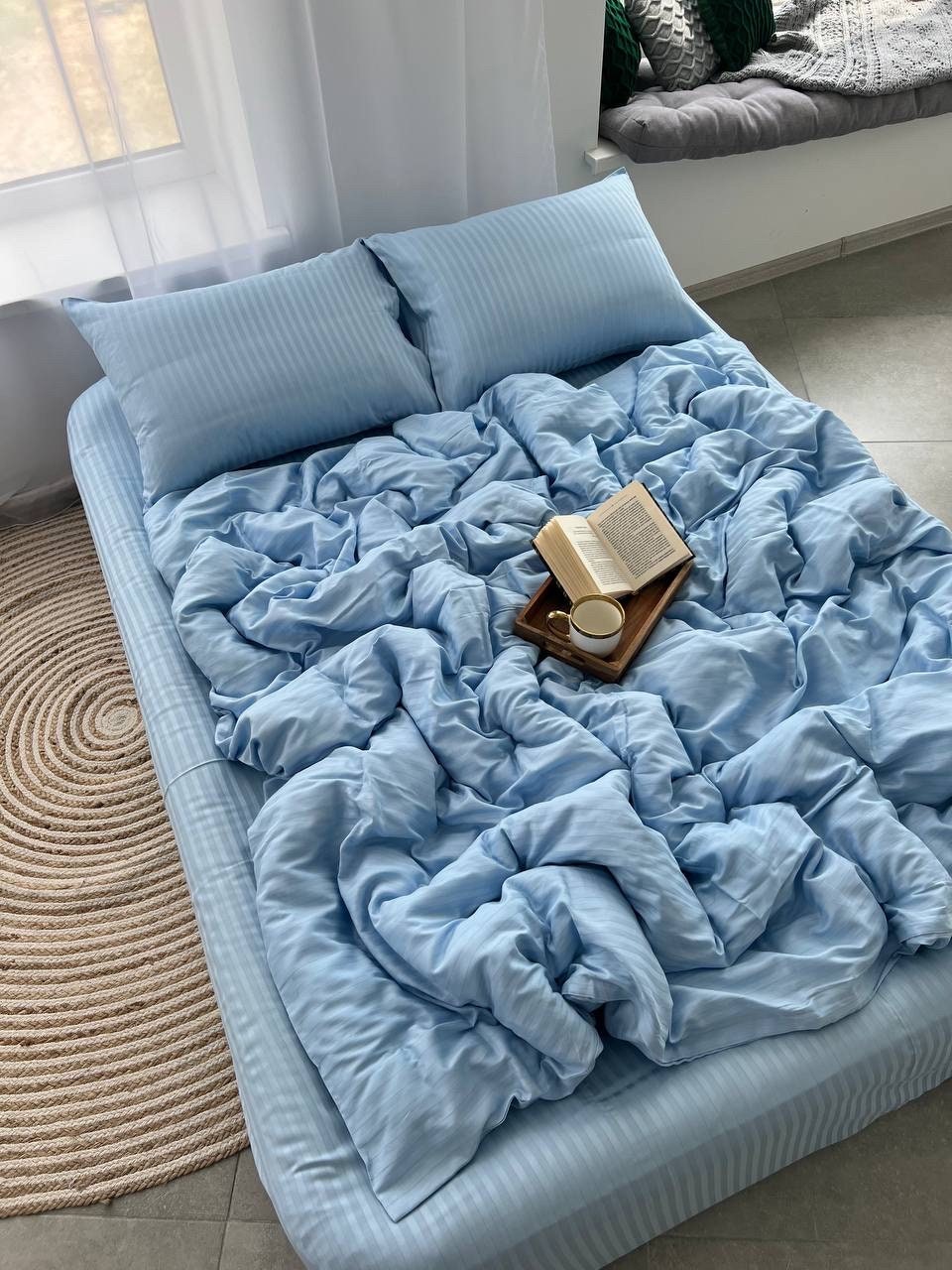 Bedding Set Full Light Blue Stripe Satin 100% Cotton.4 Piece Set ...