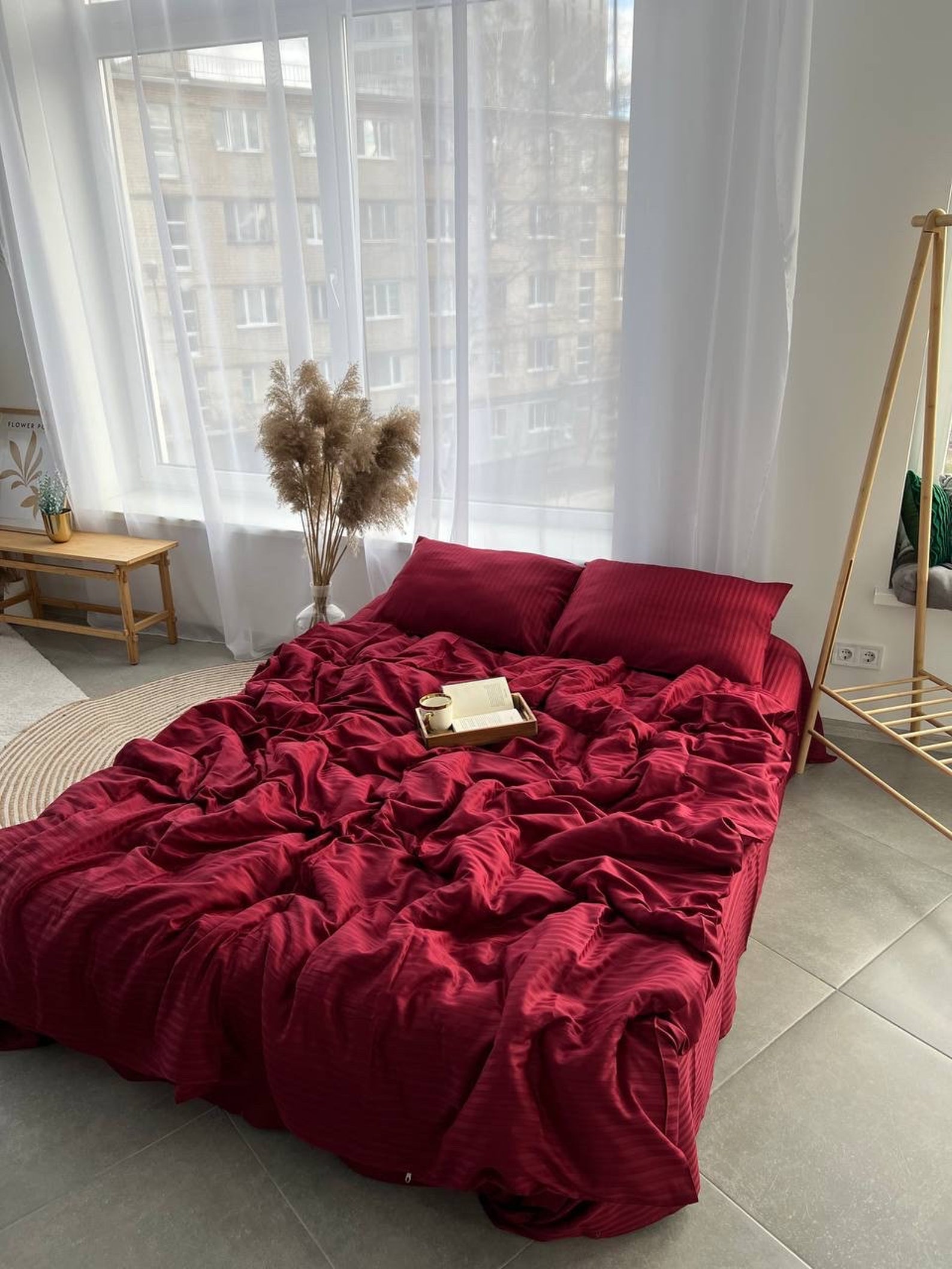 Bed Linen Set Red Stripe Satin 100% Cotton : Duvet Cover, 2 Pillowcases ...