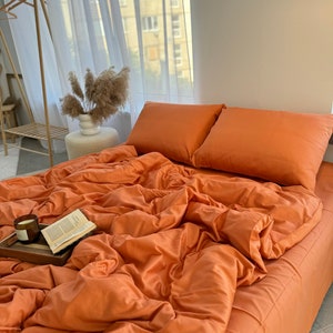 Bed Linen Set Full Peach Satin 100% Cotton.4 Piece Set: Duvet Cover, 2 ...
