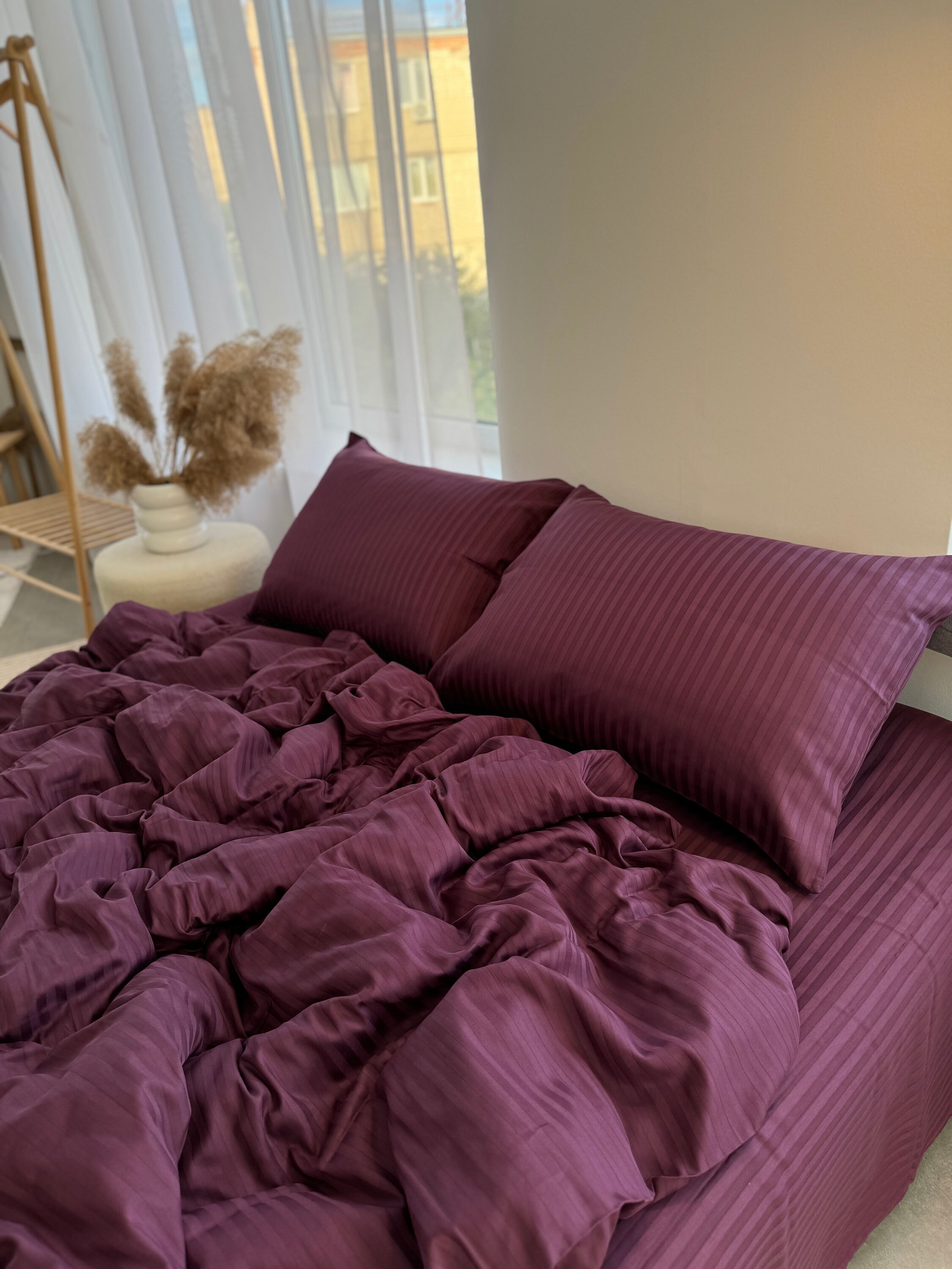Bed Linen Set Plum Stripe Satin 100% Cotton : Duvet Cover, 2 ...