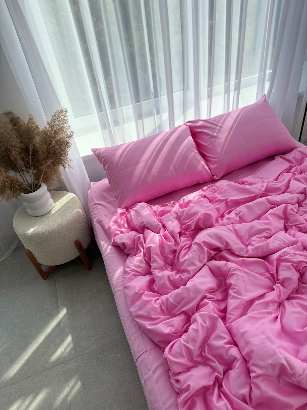 Bed Linen Set Full Pink Satin 100% Cotton.4 Piece Set: Duvet Cover, 2 ...