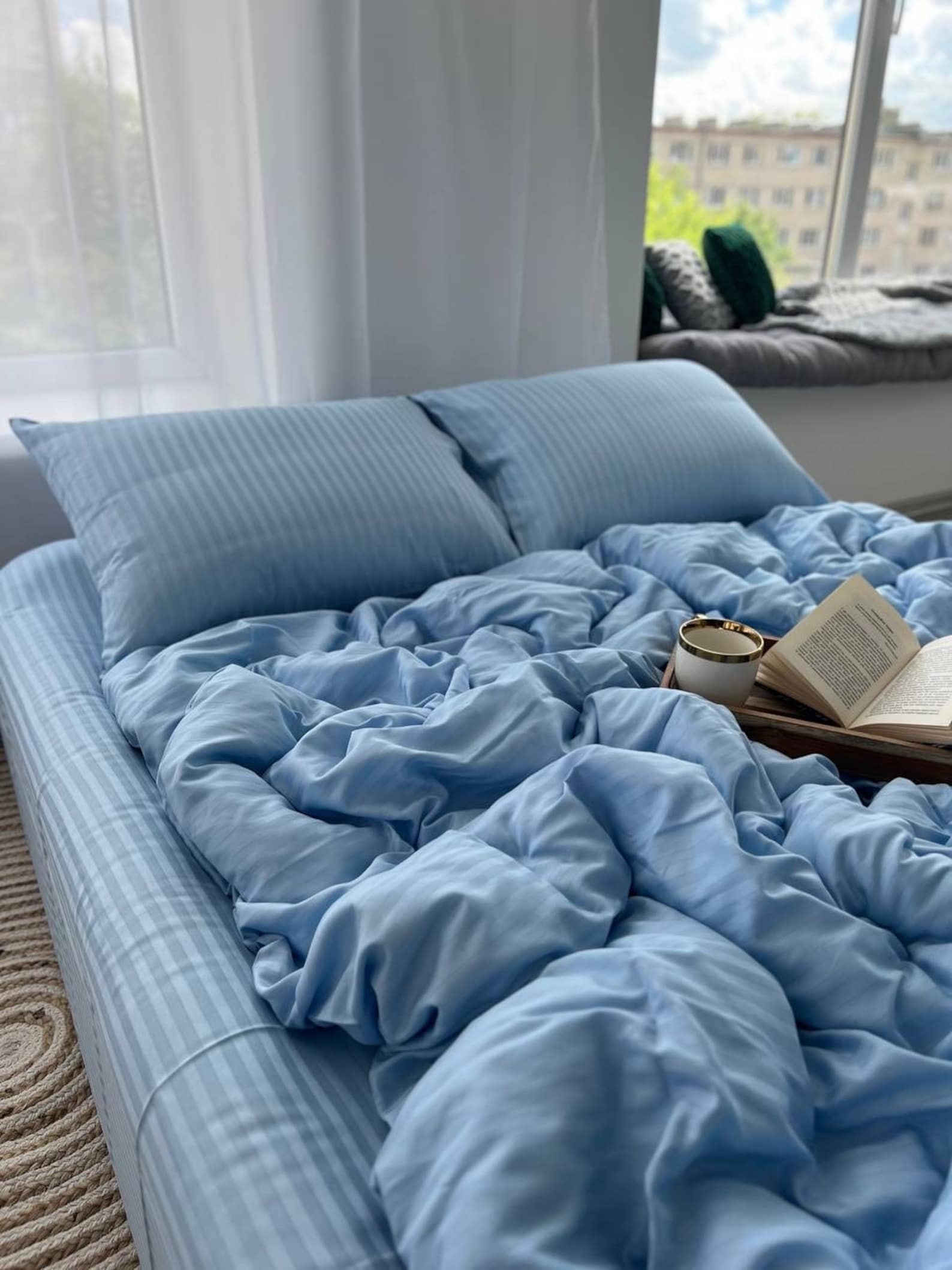 Bedding Set Full Light Blue Stripe Satin 100% Cotton.4 Piece Set ...