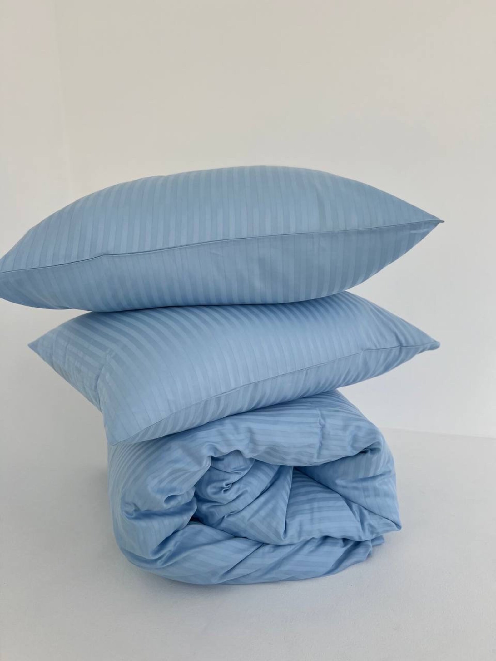 Bedding Set Full Light Blue Stripe Satin 100% Cotton.4 Piece Set ...