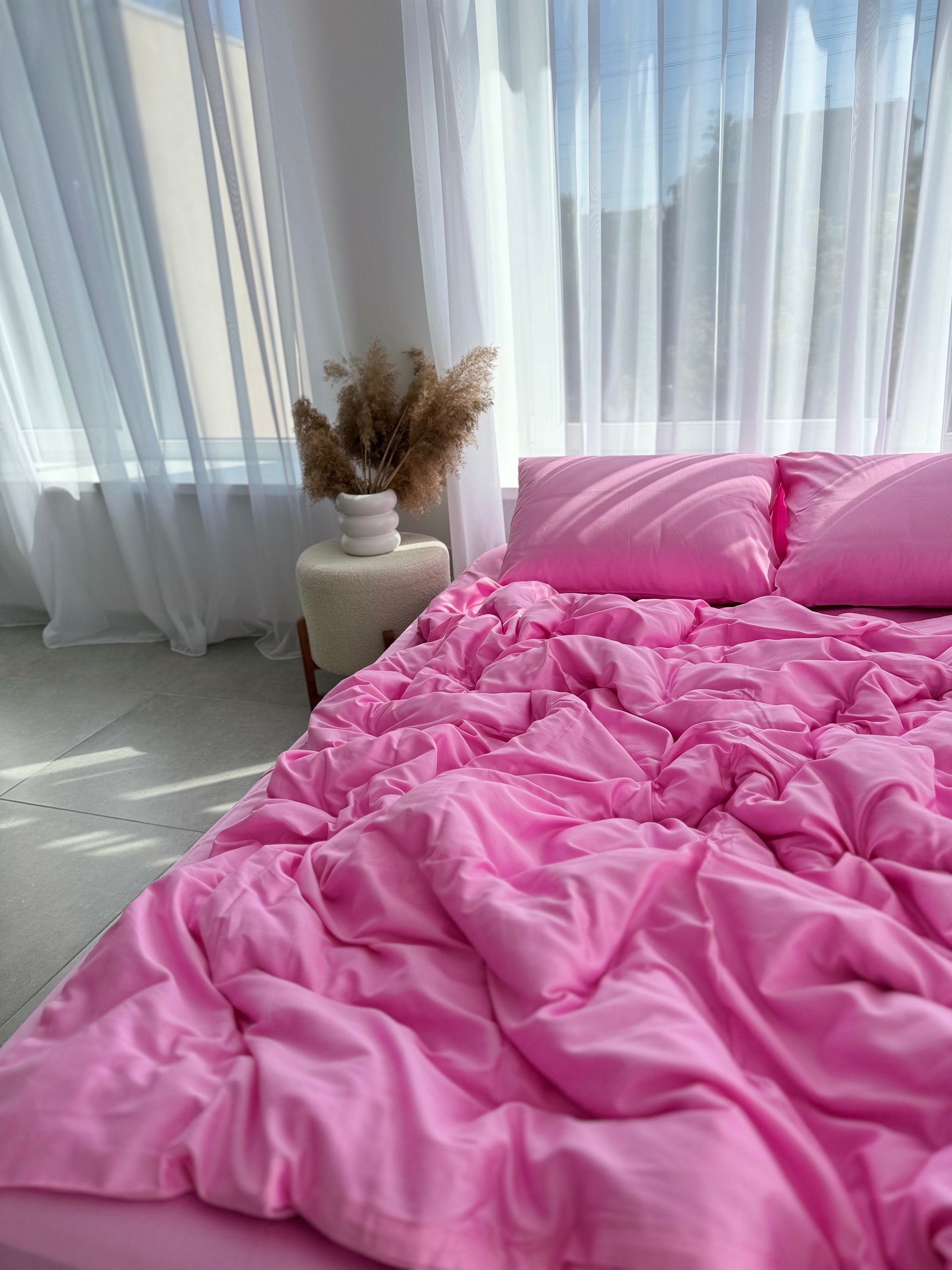 Bed Linen Set Full Pink Satin 100% Cotton.4 Piece Set: Duvet Cover, 2 ...