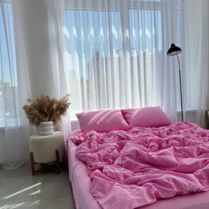 Bed Linen Set Full Pink Satin 100% Cotton.4 Piece Set: Duvet Cover, 2 ...