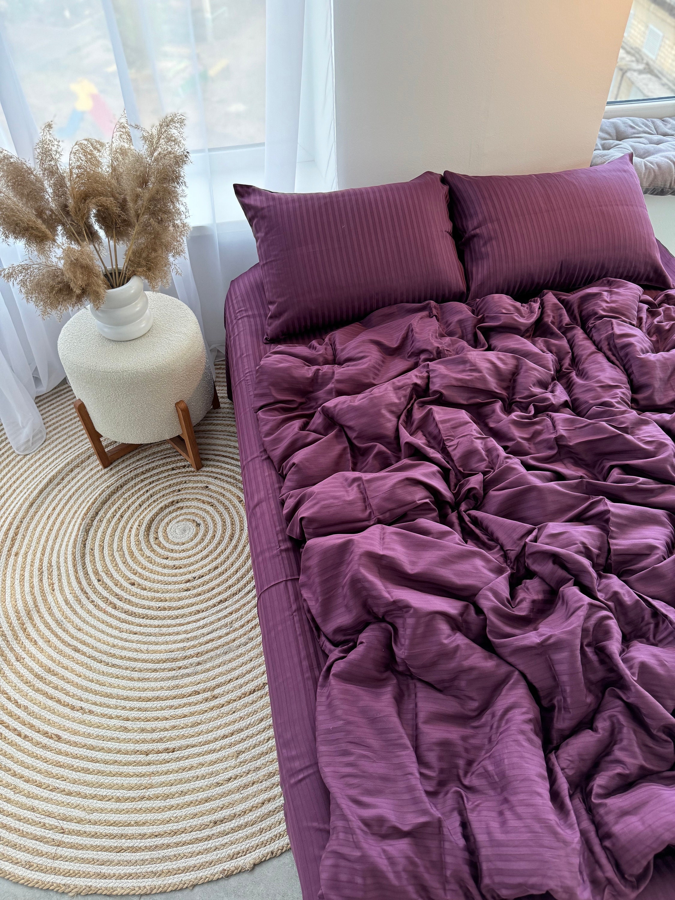 Bed Linen Set Plum Stripe Satin 100% Cotton : Duvet Cover, 2 ...