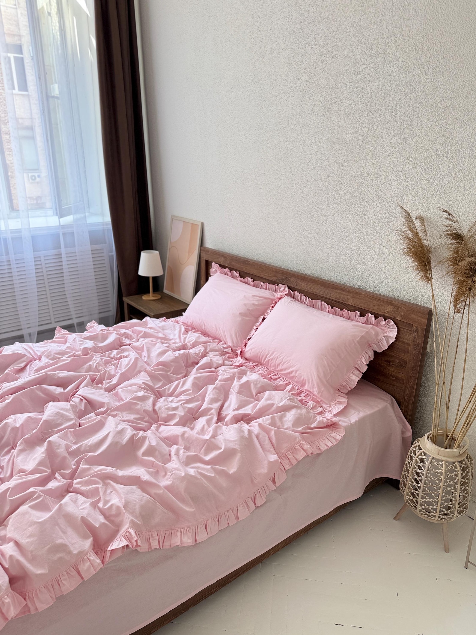 Light Pink Ruffle Bedding Set – 100% Cotton Boho Bedding - Etsy
