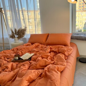 Bed Linen Set Full Peach Satin 100% Cotton.4 Piece Set: Duvet Cover, 2 ...