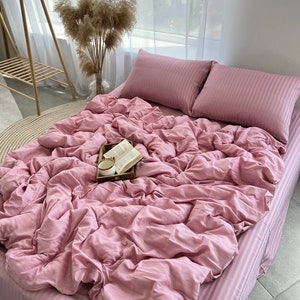 Pink Stripe Satin 100% Cotton Bedding Set: Duvet Cover, 2 Pillowcases ...